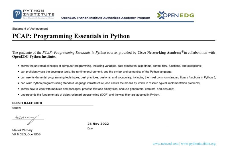 ELESH KACHCHHI on LinkedIn: Programming Essentials in Python Certificate ELESH KACHCHHI on LinkedIn: Programming Essentials in Python Certificate