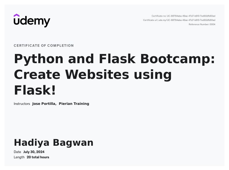Hadiya Bagwan on LinkedIn: #successfully #python #flask #udemy Hadiya Bagwan on LinkedIn: #successfully #python #flask #udemy