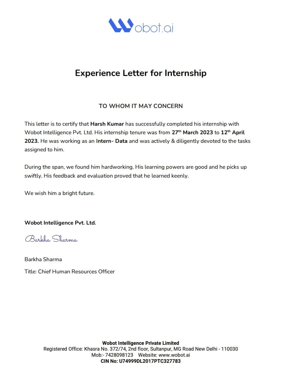 Harsh Kumar on LinkedIn: Internship Completion letter at Wobot.ai Harsh Kumar on LinkedIn: Internship Completion letter at Wobot.ai