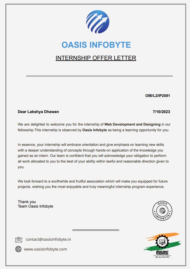 LAKSHYA DHAWAN on LinkedIn: #oasisinfobyte #internship # ... LAKSHYA DHAWAN on LinkedIn: #oasisinfobyte #internship # ...