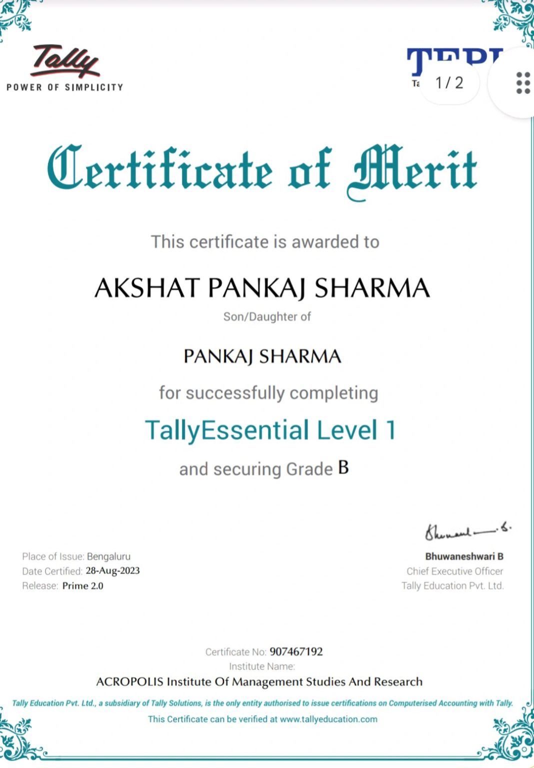 Akshat Sharma on LinkedIn: completed tally prime level 1 certification ... Akshat Sharma on LinkedIn: completed tally prime level 1 certification ...