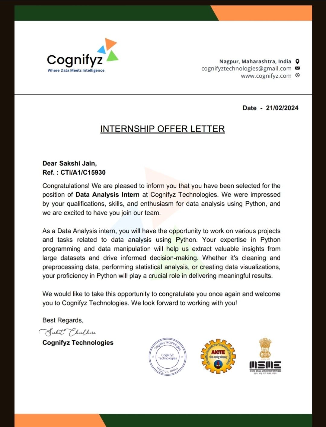 Sakshi Jain on LinkedIn: #internship #intern2024 #cognifyztechnologies ... Sakshi Jain on LinkedIn: #internship #intern2024 #cognifyztechnologies ...