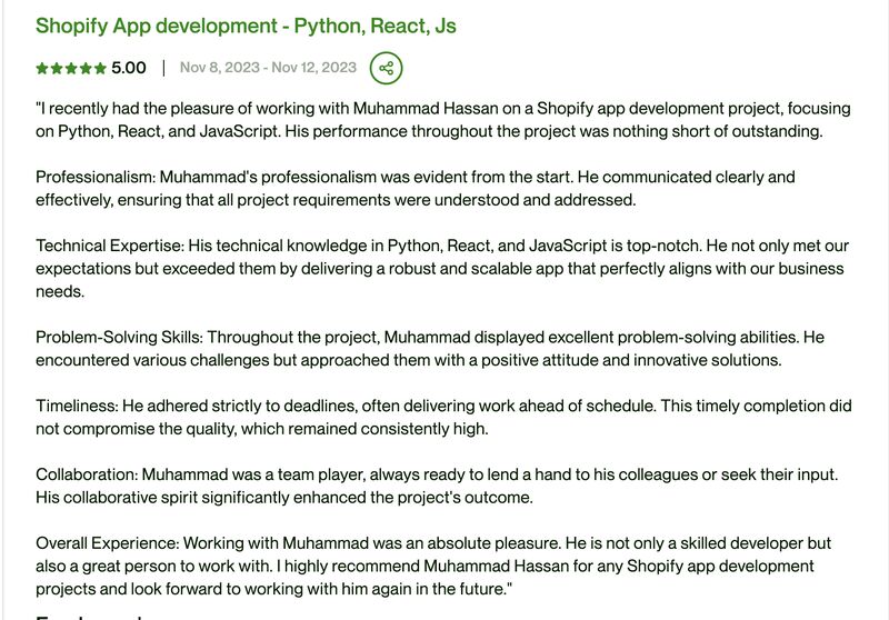 Muhammad Hassan on LinkedIn: #upworksuccess #shopify #fivestarreview # ... Muhammad Hassan on LinkedIn: #upworksuccess #shopify #fivestarreview # ...