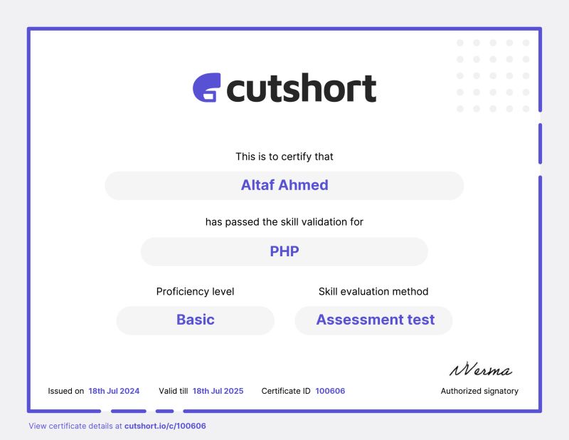 Altaf Ahmed on LinkedIn: #php #cutshort #certificate Altaf Ahmed on LinkedIn: #php #cutshort #certificate