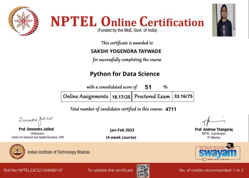 Sakshi Taywade on LinkedIn: #python #datascience #nptel #iitmadras Sakshi Taywade on LinkedIn: #python #datascience #nptel #iitmadras
