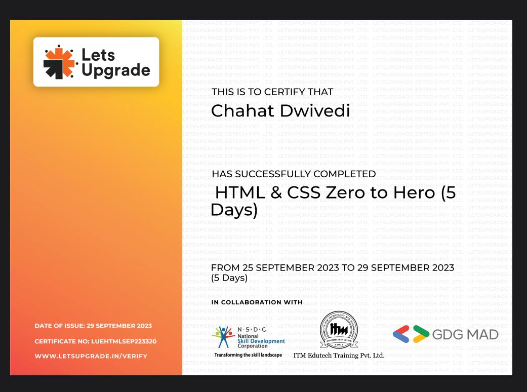 Completed a 5-day course in HTML and CSS | Chahat Dwivedi posted on the ... Completed a 5-day course in HTML and CSS | Chahat Dwivedi posted on the ...
