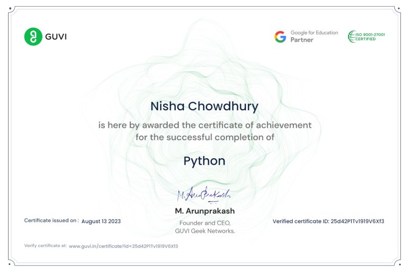 Nisha Chowdhury on LinkedIn: #python #guvi #aiforindia Nisha Chowdhury on LinkedIn: #python #guvi #aiforindia