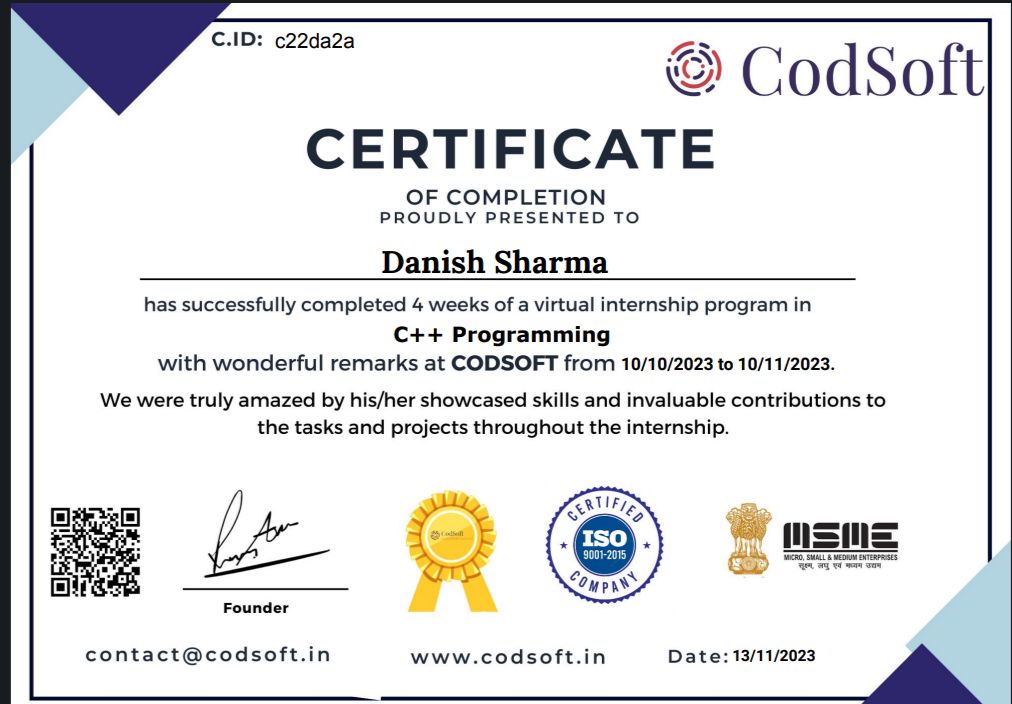 Danish Sharma on LinkedIn: #cplusplus #codesoft #cip # ... Danish Sharma on LinkedIn: #cplusplus #codesoft #cip # ...