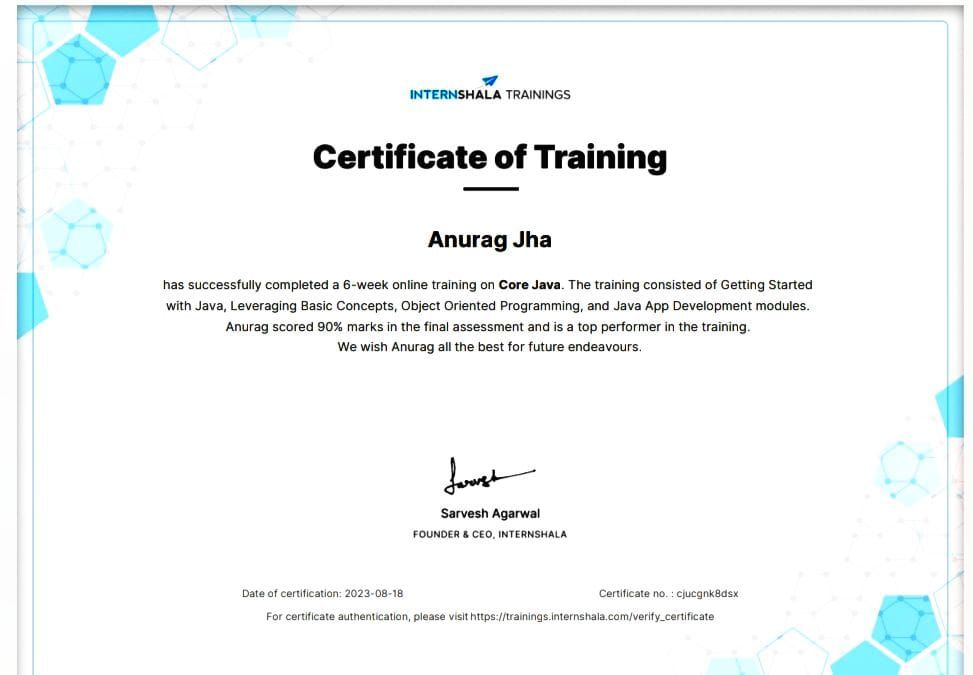 ANURAG Jha on LinkedIn: #java #internshalatrainings #internshala ANURAG Jha on LinkedIn: #java #internshalatrainings #internshala
