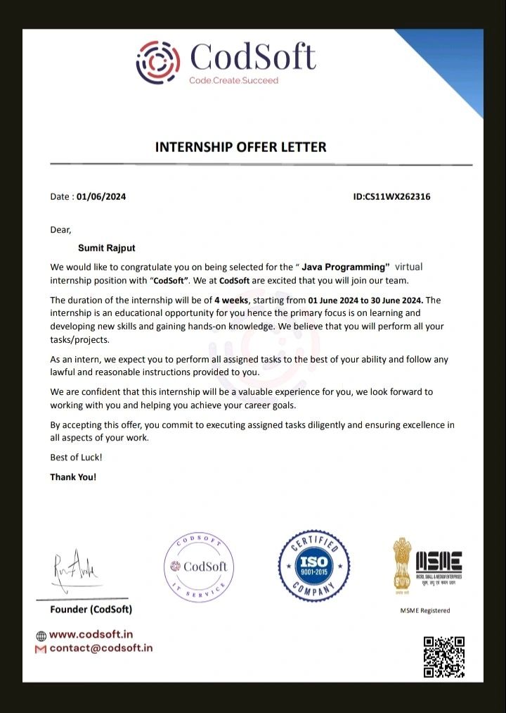 Sumit Rajput on LinkedIn: #codsoft #internship #java Sumit Rajput on LinkedIn: #codsoft #internship #java