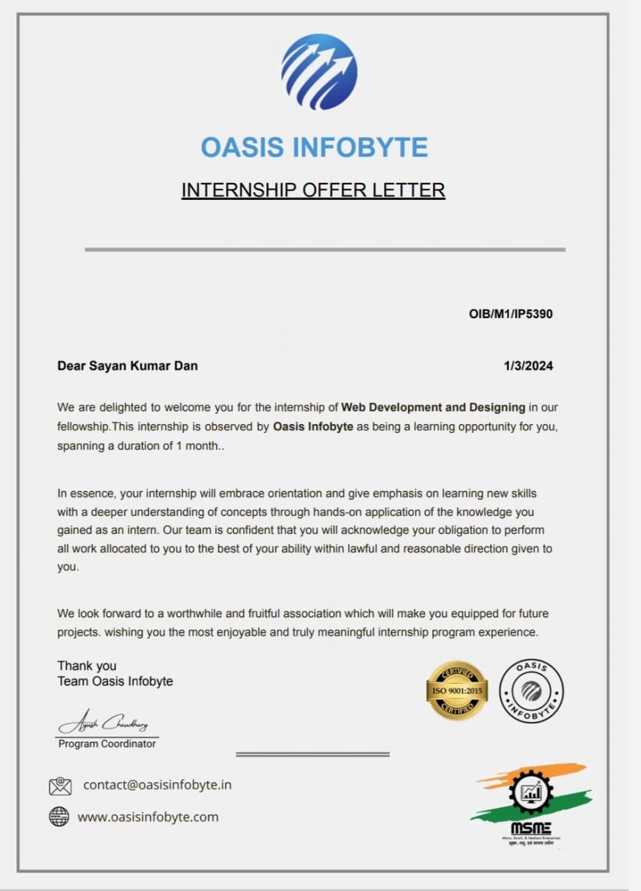 Sayan Dan on LinkedIn: #oasisinfobyte #webdevelopment #internship Sayan Dan on LinkedIn: #oasisinfobyte #webdevelopment #internship