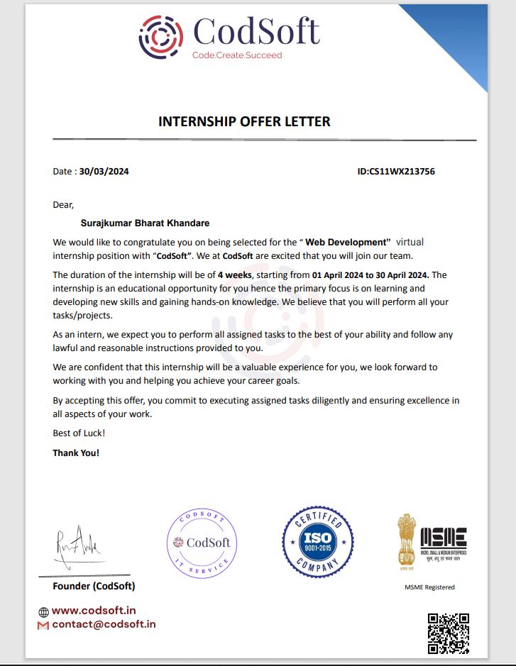 Suraj Khandare on LinkedIn: #codesoft #webdevlopment #internship Suraj Khandare on LinkedIn: #codesoft #webdevlopment #internship