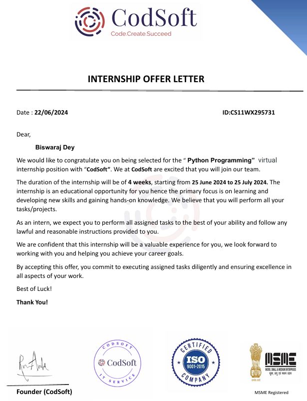 Biswaraj Dey on LinkedIn: #codsoft #pythoninternship Biswaraj Dey on LinkedIn: #codsoft #pythoninternship