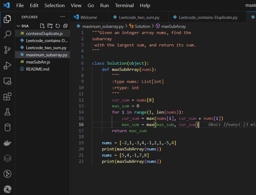 ifeanyi Okoli on LinkedIn: Leetcode 53 (Maximum Sub Array) Python Solution ifeanyi Okoli on LinkedIn: Leetcode 53 (Maximum Sub Array) Python Solution