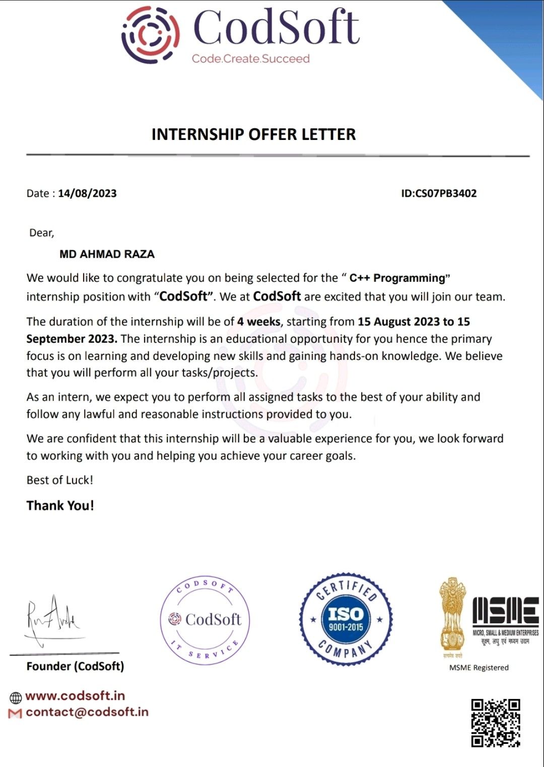 Md Ahmad Raza on LinkedIn: #codsoft #internship #offerletter # ... Md Ahmad Raza on LinkedIn: #codsoft #internship #offerletter # ...