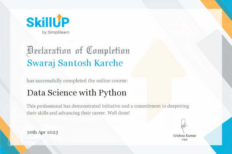 Swaraj Karche on LinkedIn: Completed Data Science Course on Simplilearn. Swaraj Karche on LinkedIn: Completed Data Science Course on Simplilearn.
