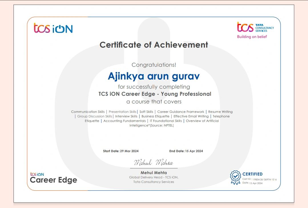 Ajinkya Gurav on LinkedIn: i am recently completed tcs ion young ... Ajinkya Gurav on LinkedIn: i am recently completed tcs ion young ...