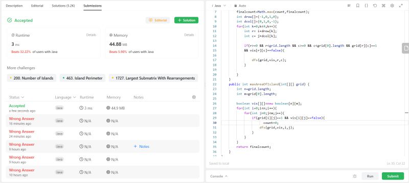 I solved Question 695 for Max Area of Island 😁 #codingjourney # ... I solved Question 695 for Max Area of Island 😁 #codingjourney # ...