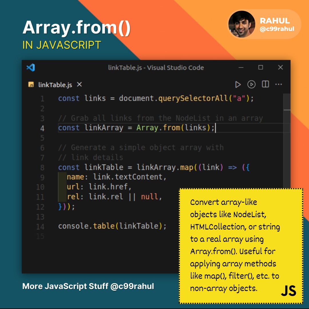 Rahul C. on LinkedIn: The `Array.from()` method in JavaScript is pretty ... Rahul C. on LinkedIn: The `Array.from()` method in JavaScript is pretty ...