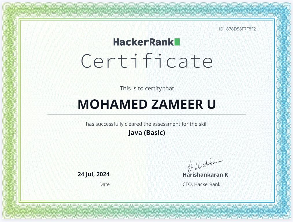 Mohamed Zameer U on LinkedIn: #java #certification #hackerrank #coding ... Mohamed Zameer U on LinkedIn: #java #certification #hackerrank #coding ...