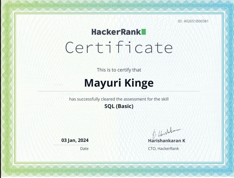 Mayuri Kinge on LinkedIn: #sql #hackerrank #certification Mayuri Kinge on LinkedIn: #sql #hackerrank #certification
