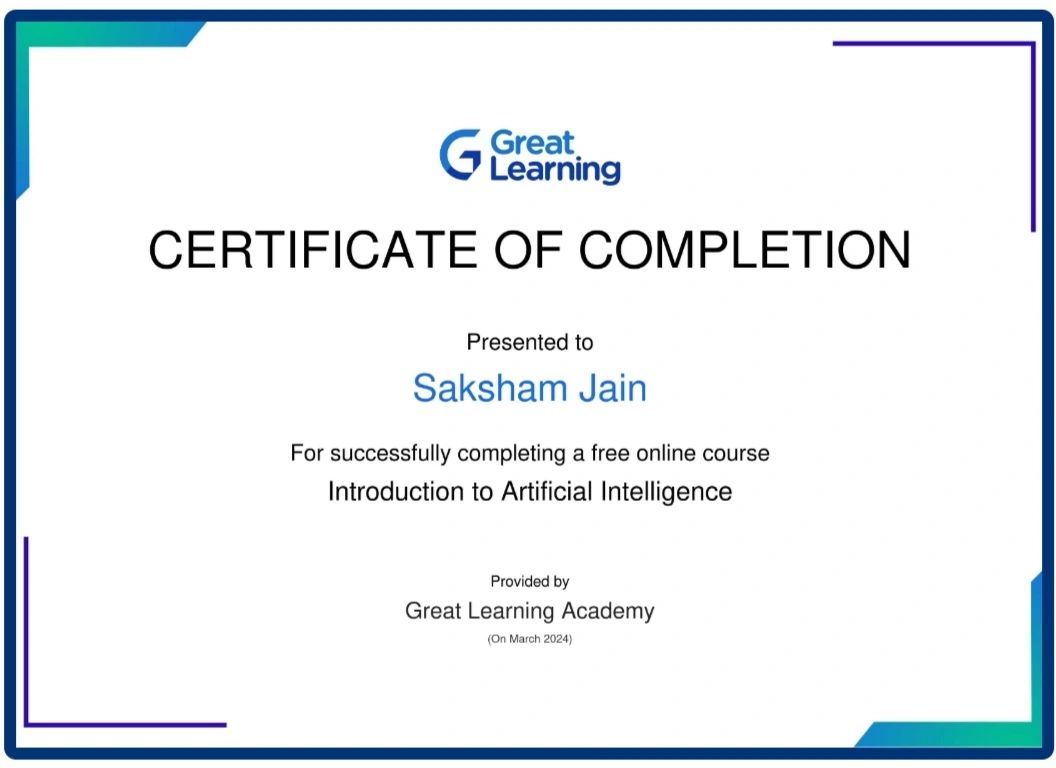 Saksham Jain on LinkedIn: First certificate Thanks Great Learning Prof ... Saksham Jain on LinkedIn: First certificate Thanks Great Learning Prof ...