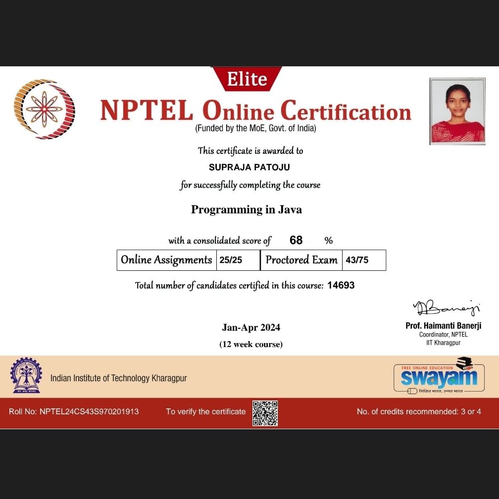 Supraja patoju on LinkedIn: #java #programming #nptel #certification # ... Supraja patoju on LinkedIn: #java #programming #nptel #certification # ...