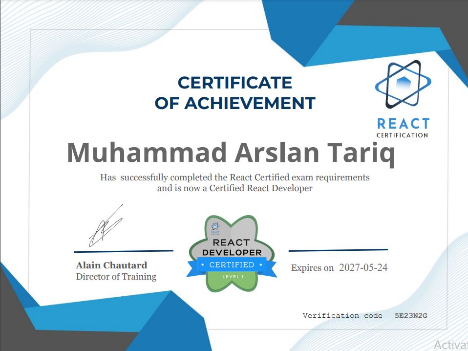 Completed React Certification Level 1 | Muhammad Arslan Tariq posted on ... Completed React Certification Level 1 | Muhammad Arslan Tariq posted on ...