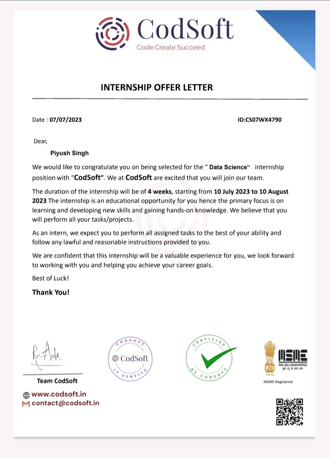 Piyush Singh on LinkedIn: #opportunity #internship #codsoft #datascience Piyush Singh on LinkedIn: #opportunity #internship #codsoft #datascience