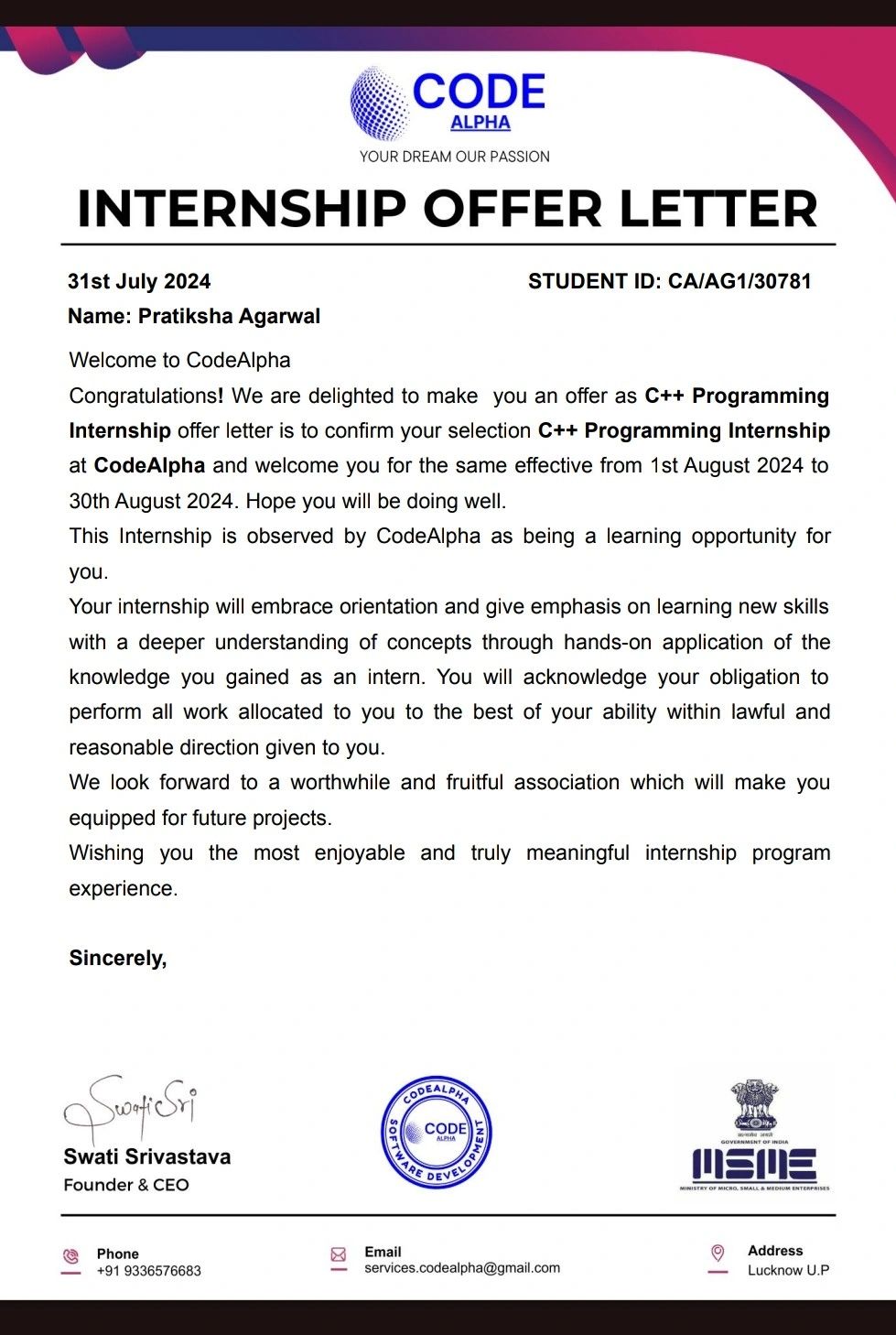 Pratiksha Agrawal on LinkedIn: #cplusplus #internship #codealpha # ... Pratiksha Agrawal on LinkedIn: #cplusplus #internship #codealpha # ...