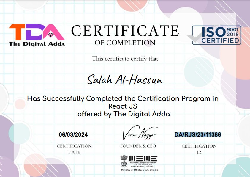 Salah Al Hassun on LinkedIn: #te4 #ntihelsingborg #reactjs #certificate ... Salah Al Hassun on LinkedIn: #te4 #ntihelsingborg #reactjs #certificate ...