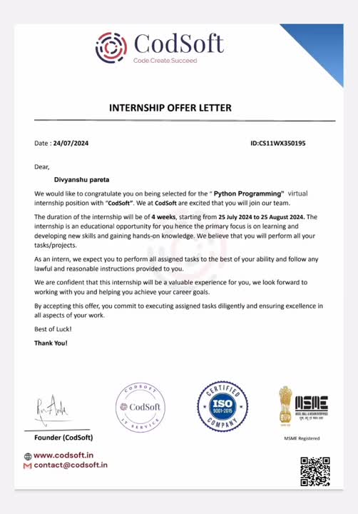 Divyanshu Pareta on LinkedIn: #codsoft #python #internship Divyanshu Pareta on LinkedIn: #codsoft #python #internship