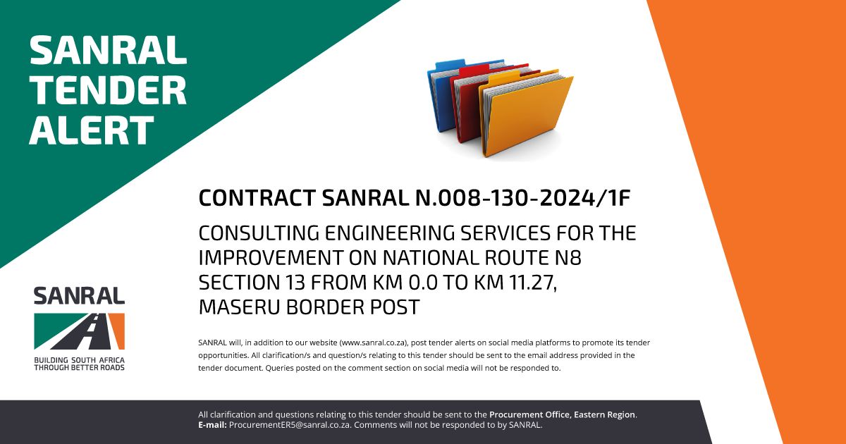 SANRAL on LinkedIn: SANRAL TENDER ALERT N.008-130-2024/1F CONSULTING ... SANRAL on LinkedIn: SANRAL TENDER ALERT N.008-130-2024/1F CONSULTING ...