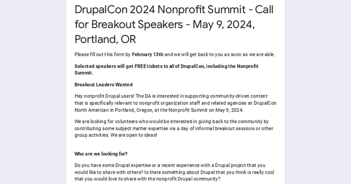 Drupal Association on LinkedIn: DrupalCon 2024 Nonprofit Summit - Call ... Drupal Association on LinkedIn: DrupalCon 2024 Nonprofit Summit - Call ...