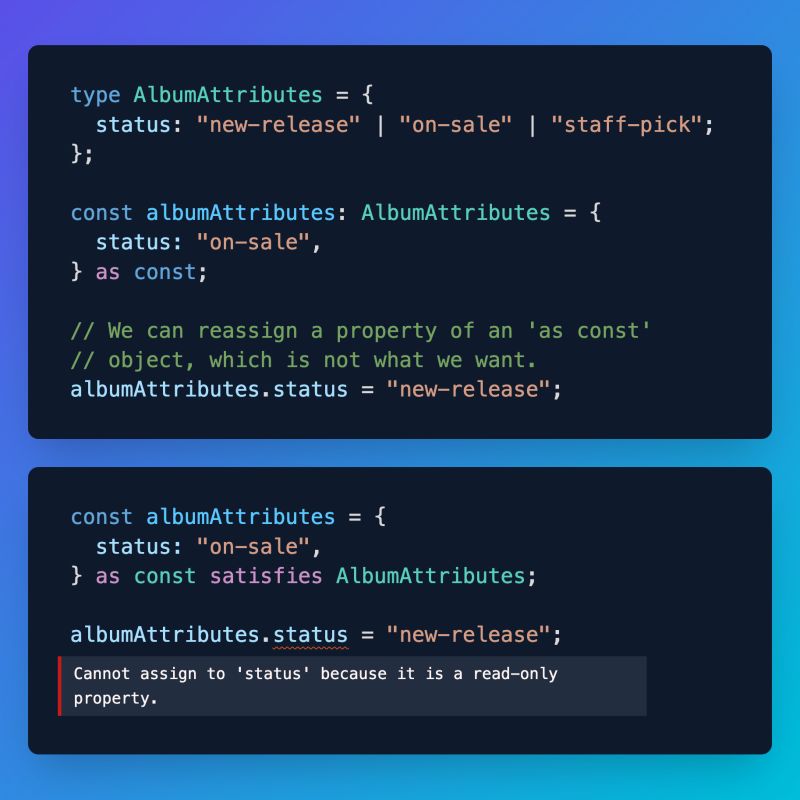 Matt Pocock on LinkedIn: 'as const' doesn't play nicely with variable ... Matt Pocock on LinkedIn: 'as const' doesn't play nicely with variable ...