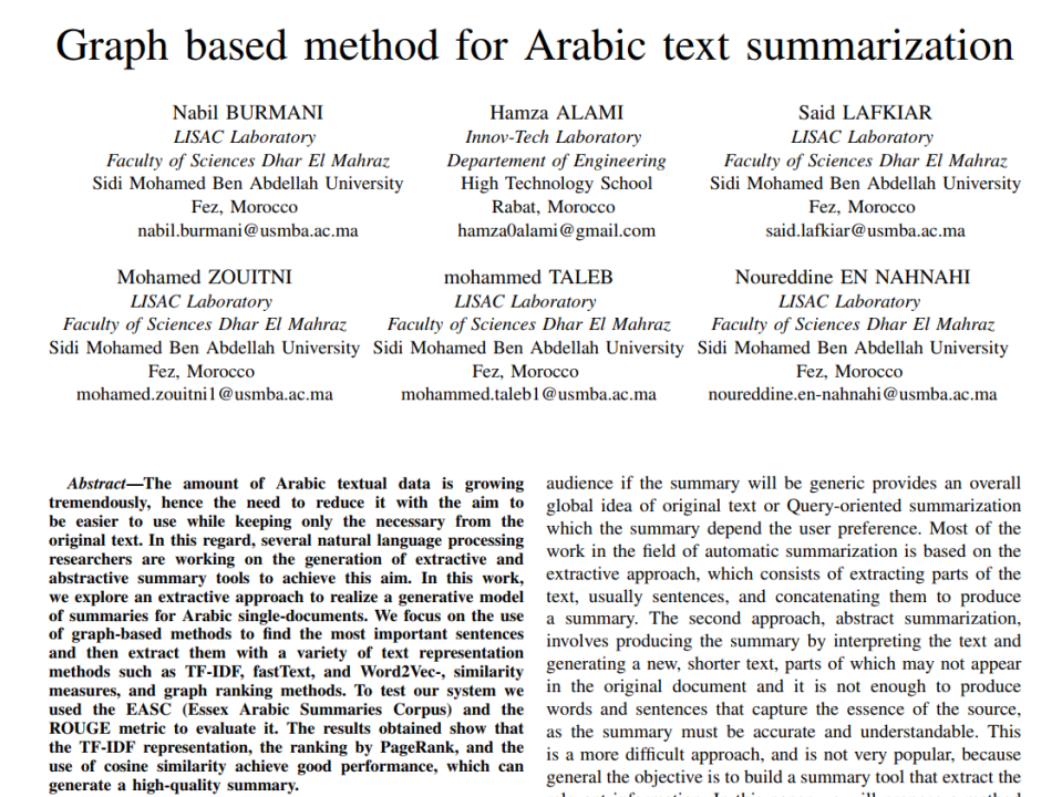 Graph based method for Arabic text summarization Graph based method for Arabic text summarization