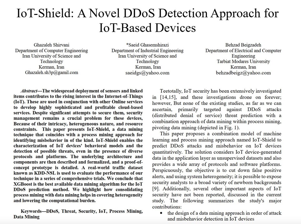 IoT-Shield: A Novel DDoS Detection Approach for IoT-Based Devices IoT-Shield: A Novel DDoS Detection Approach for IoT-Based Devices