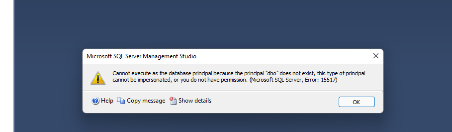 Cannot execute as the database principal because the principal Cannot execute as the database principal because the principal