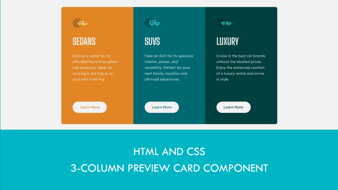 Html and CSS 3-column preview card component Html and CSS 3-column preview card component