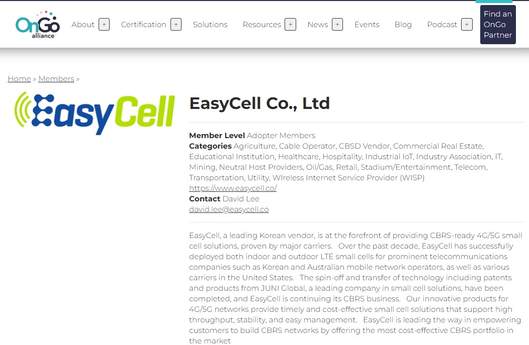 EasyCell has effectively become a member of the OnGo alliance EasyCell has effectively become a member of the OnGo alliance