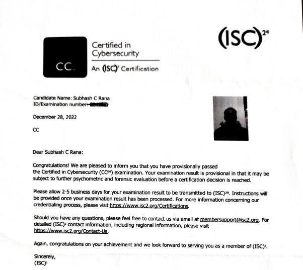 Provisionally passed the Certified in Cybersecurity (CC) examination ... Provisionally passed the Certified in Cybersecurity (CC) examination ...