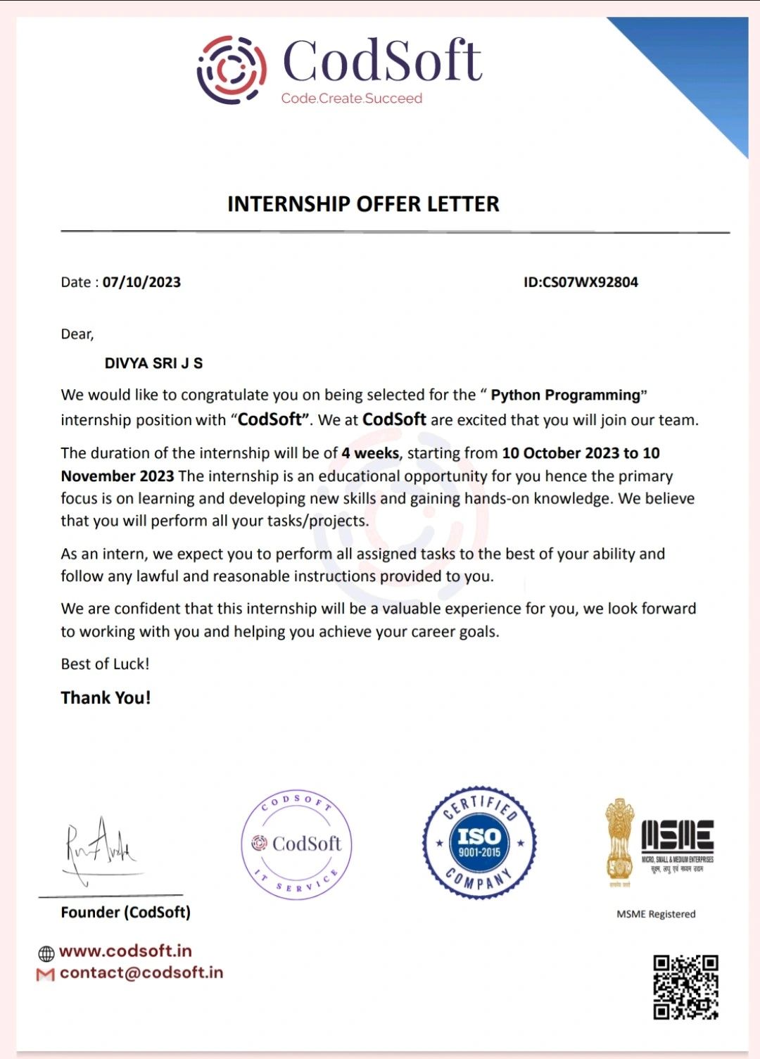 DIVYA SRI J S on LinkedIn: #python #codsoft #internship DIVYA SRI J S on LinkedIn: #python #codsoft #internship