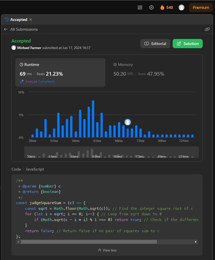 Michael Farmer on LinkedIn: Day 540 of Daily LeetCode | 633. Sum of ... Michael Farmer on LinkedIn: Day 540 of Daily LeetCode | 633. Sum of ...