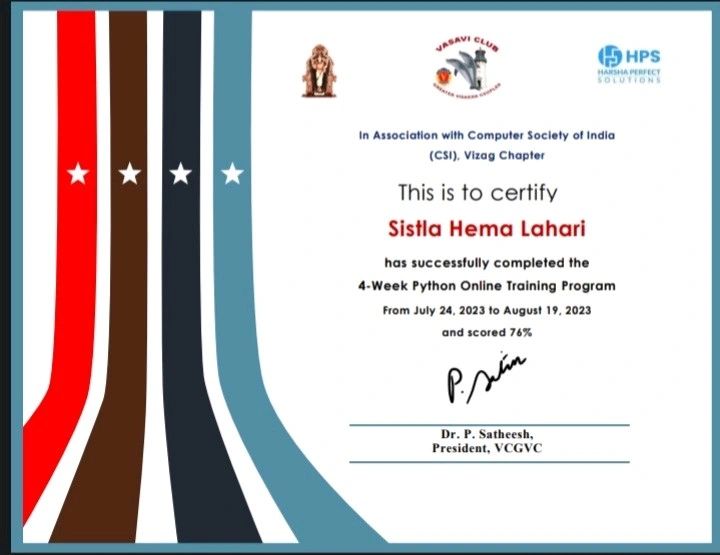 Sistla Hema Lahari on LinkedIn: Successfully Completed Basics Python ... Sistla Hema Lahari on LinkedIn: Successfully Completed Basics Python ...