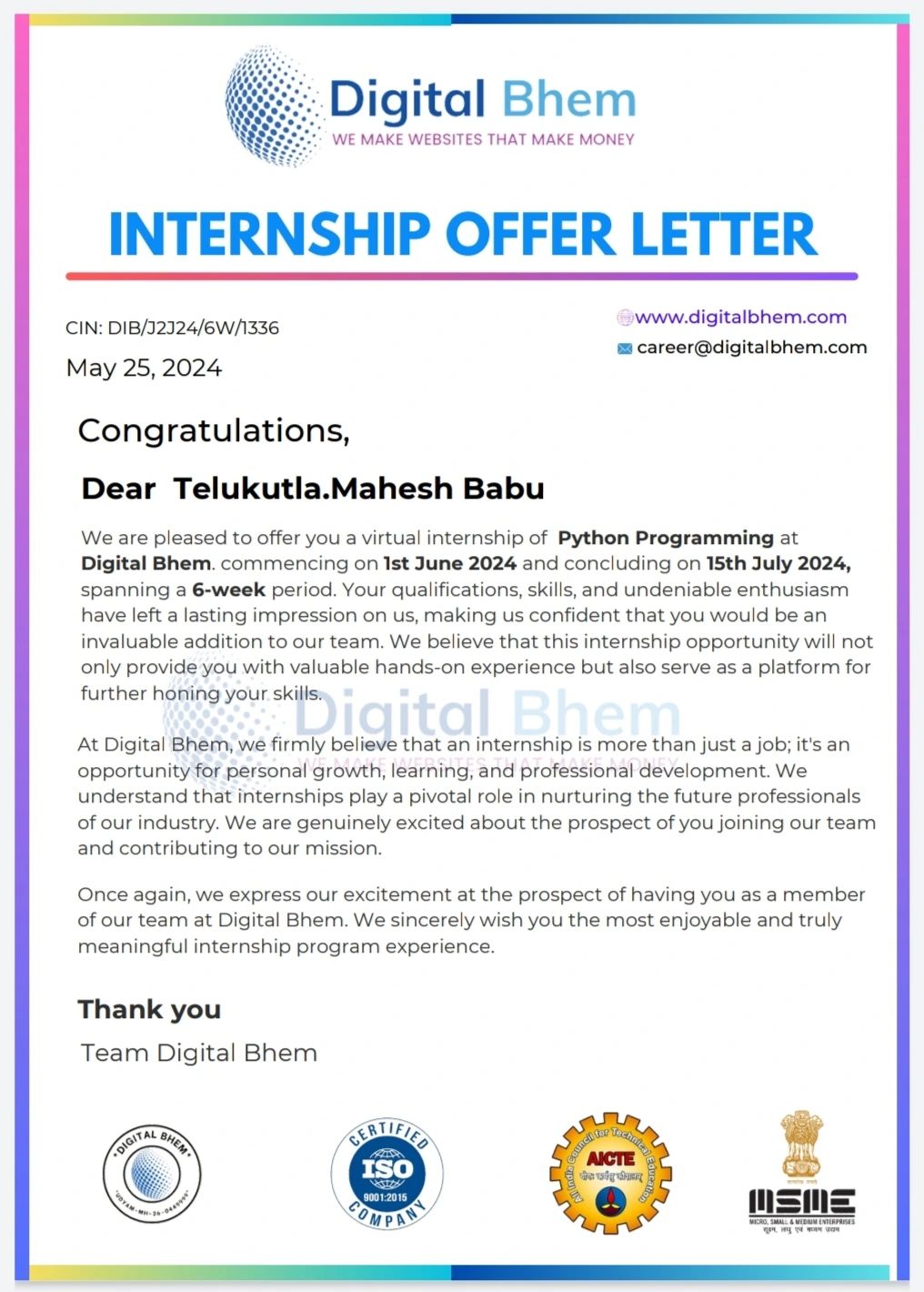 Mahesh Babu Telukutla on LinkedIn: #digitalbhem #python #internship Mahesh Babu Telukutla on LinkedIn: #digitalbhem #python #internship