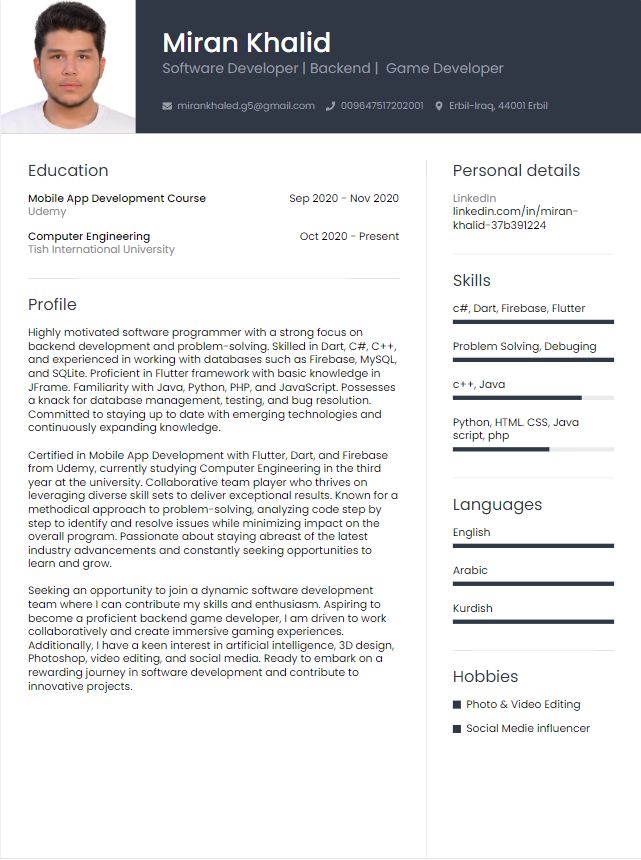 Miran Khalid on LinkedIn: #backenddeveloper #softwaredeveloper #cv # ... Miran Khalid on LinkedIn: #backenddeveloper #softwaredeveloper #cv # ...