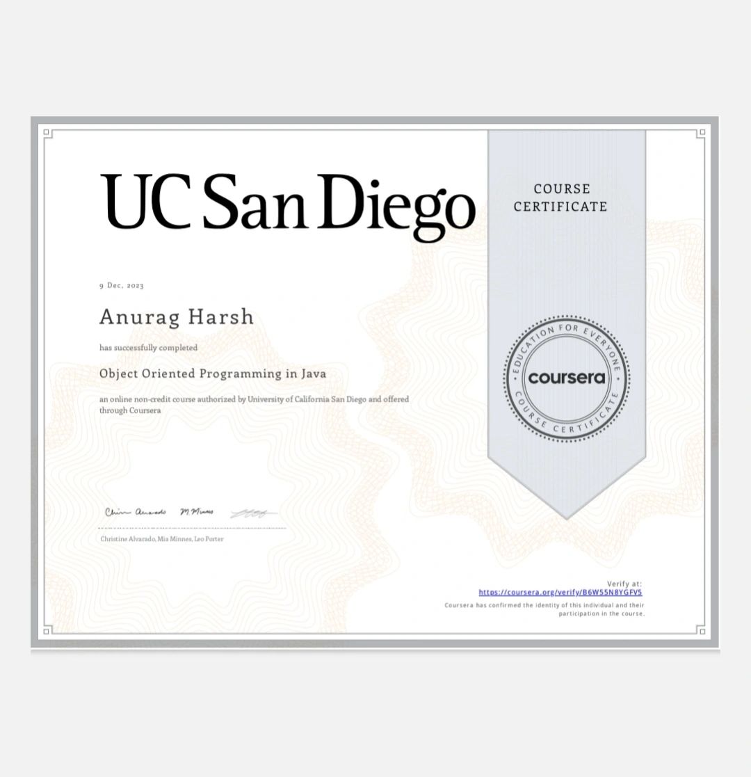 Anurag Harsh on LinkedIn: 6th Coursera Certificate Object Oriented ... Anurag Harsh on LinkedIn: 6th Coursera Certificate Object Oriented ...
