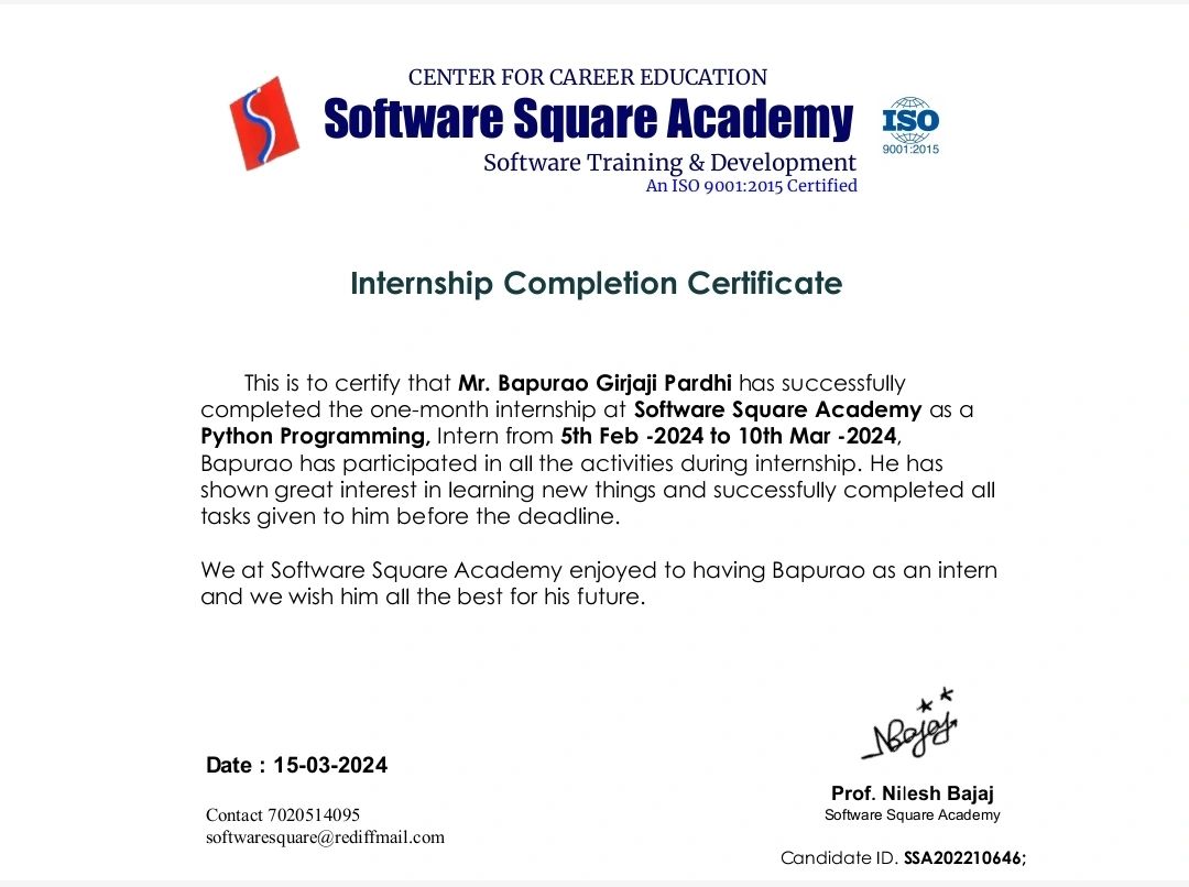 Bapurao Pardhi on LinkedIn: #python #internship #certificate Bapurao Pardhi on LinkedIn: #python #internship #certificate