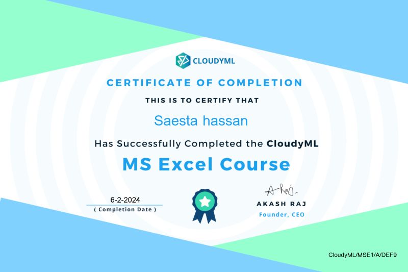Saesta Hassan on LinkedIn: I am ecstatic to learn Excel with Cloudyml ... Saesta Hassan on LinkedIn: I am ecstatic to learn Excel with Cloudyml ...