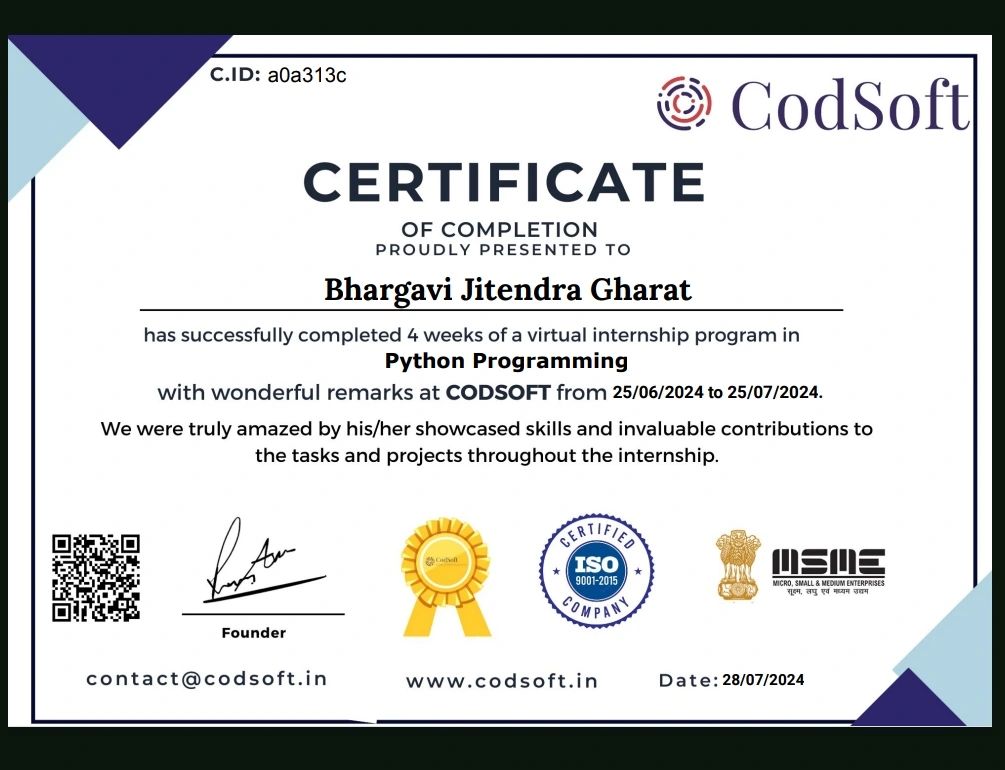Bhargavi Gharat on LinkedIn: #codesoft #pythonprogramming Bhargavi Gharat on LinkedIn: #codesoft #pythonprogramming